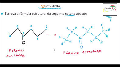 Fórmula em linhas e fórmula estrutural de uma cetona - Química